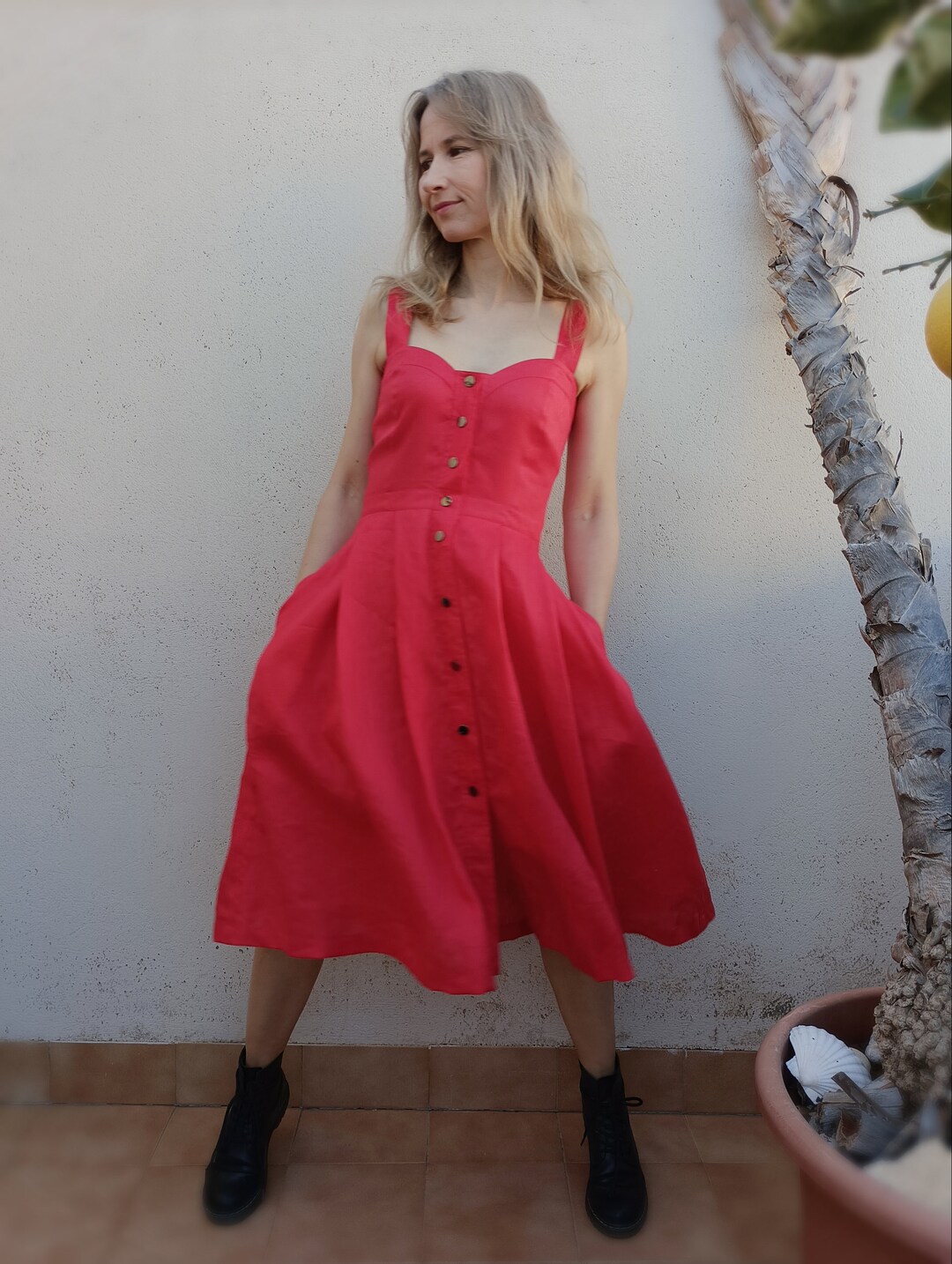 Linen Bustier Dress / Snap-button-front Strap Dress With Pockets / Wide ...