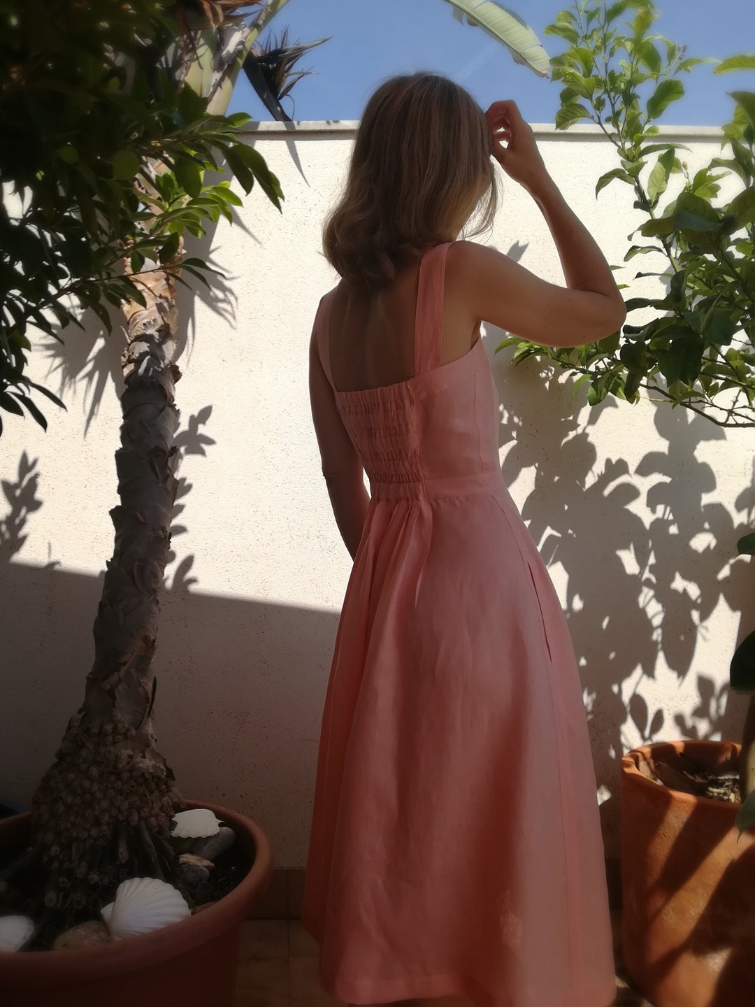 Linen Bustier Dress / Snap-button-front Strap Dress With Pockets / Wide ...