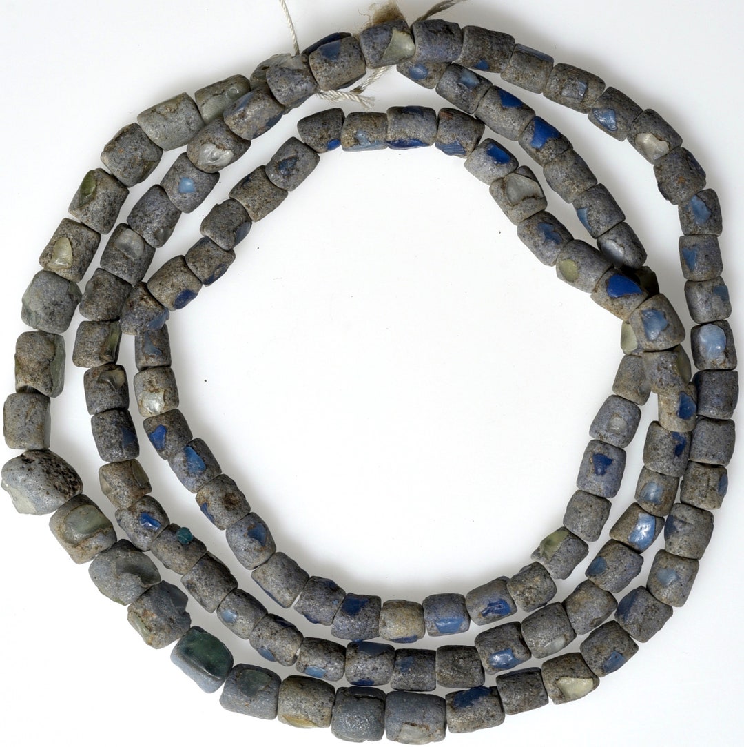 28 Inch Strand of Grayish Blue African Sand Cast Beads - Vintage ...