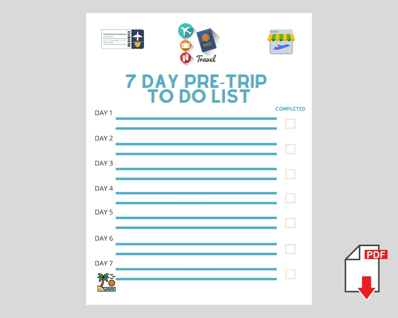 7 Day Pre-trip Vacation Preparation to Do List, Printable PDF | Instant ...