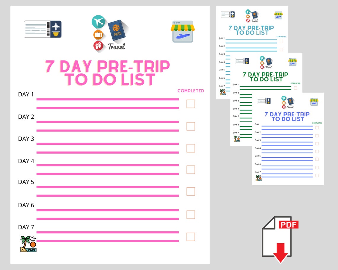7 Day Pre-trip Vacation Preparation to Do List, Printable PDF | Instant ...