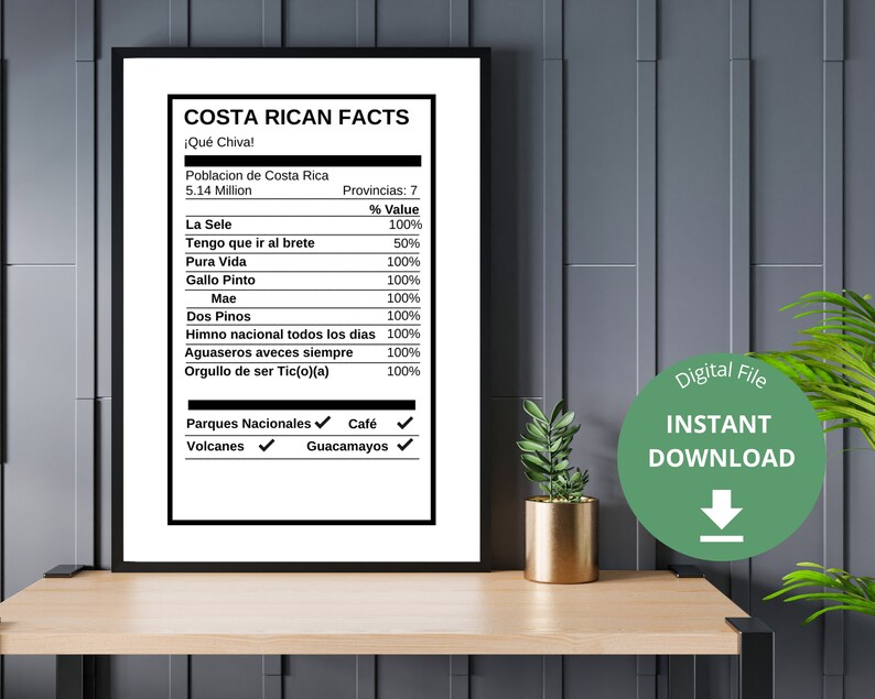 Costa Rica Funny Facts Nutritional Style Table Digital Wall Decor ...