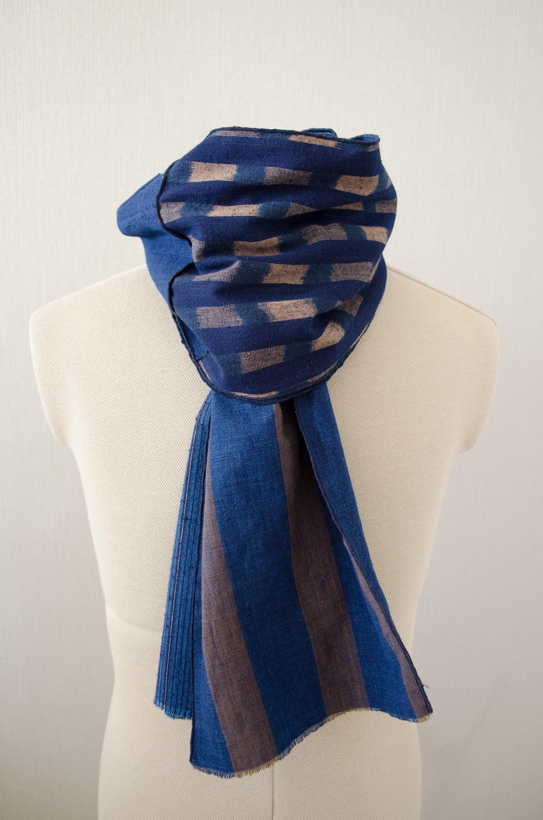 Japanese Aizome (indigo Dyeing) Fabric Patchwork Scarf With Wave Stitch ...