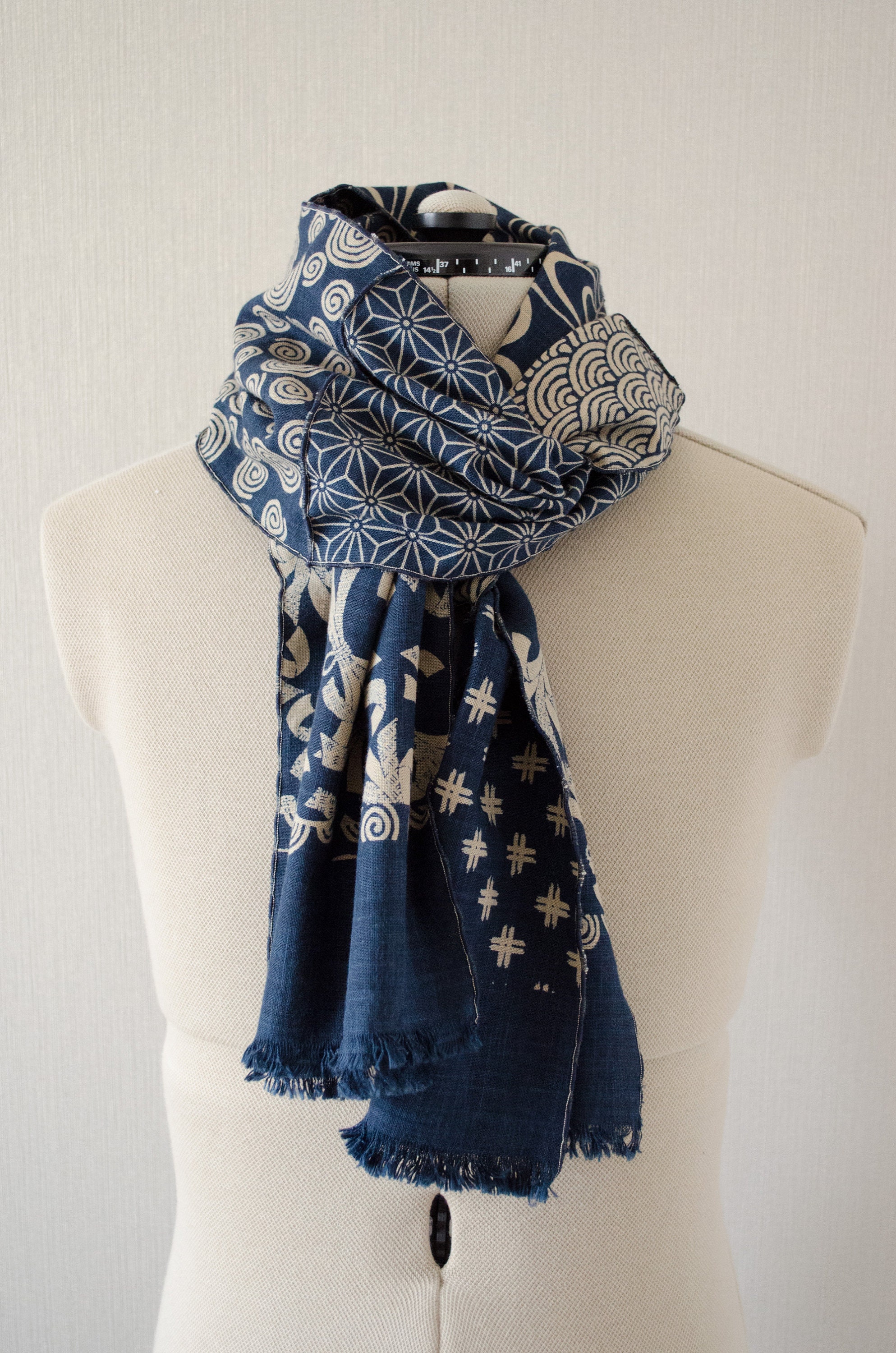 Japanese Traditional Pattern Patchwork Scarf Dark Blue/navy Base With ...