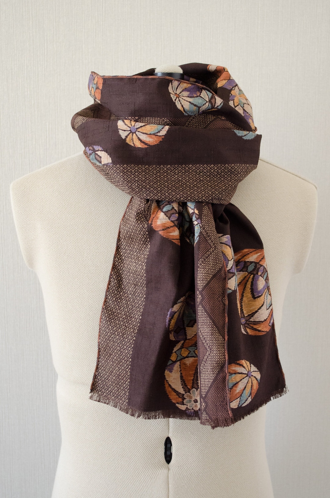 Japanese Traditional Kimono Pattern Patchwork Scarf With Wave Edge 100% ...