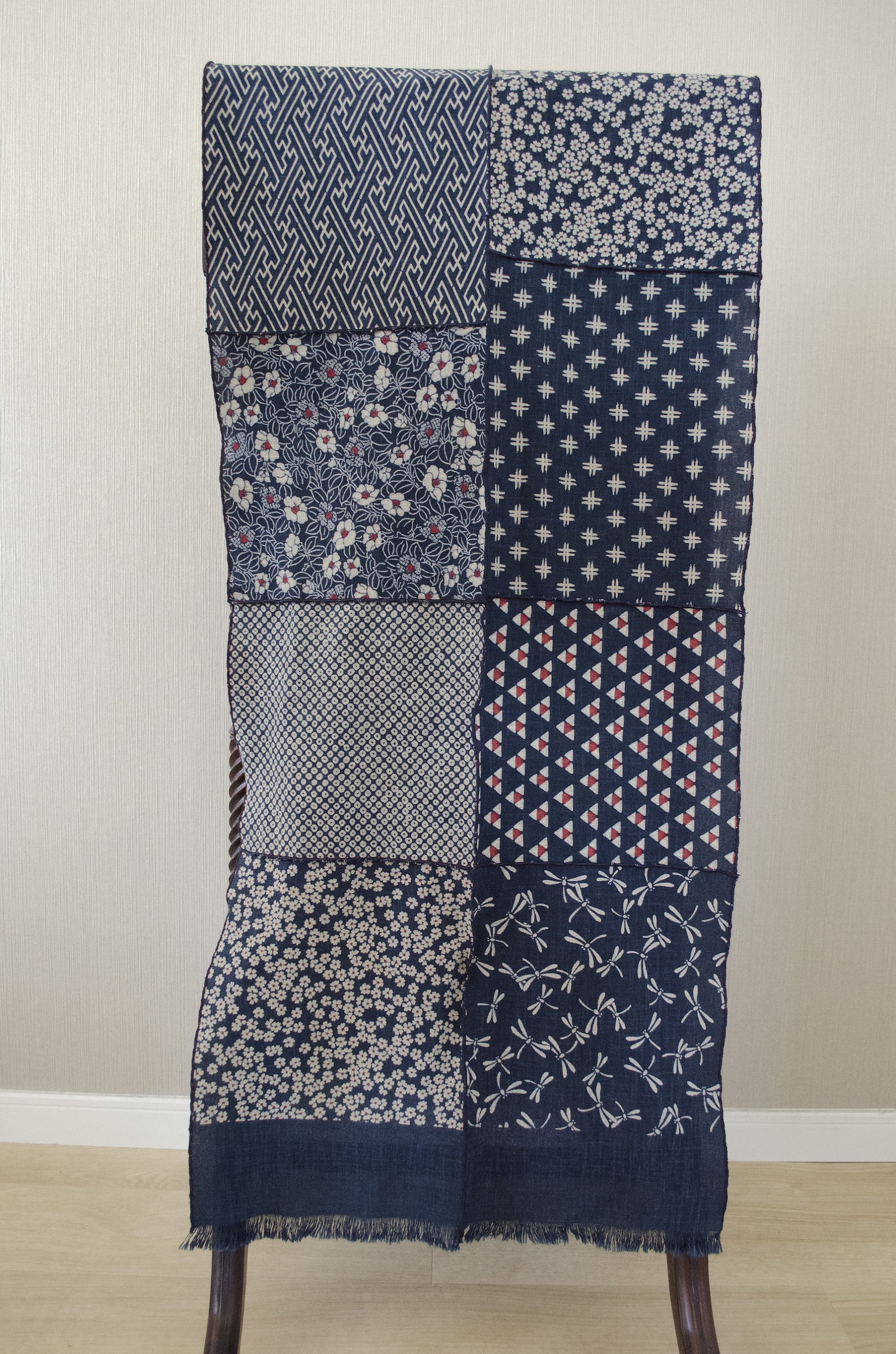 Japanese Traditional Pattern Patchwork Scarf Dark Blue/navy Base With ...