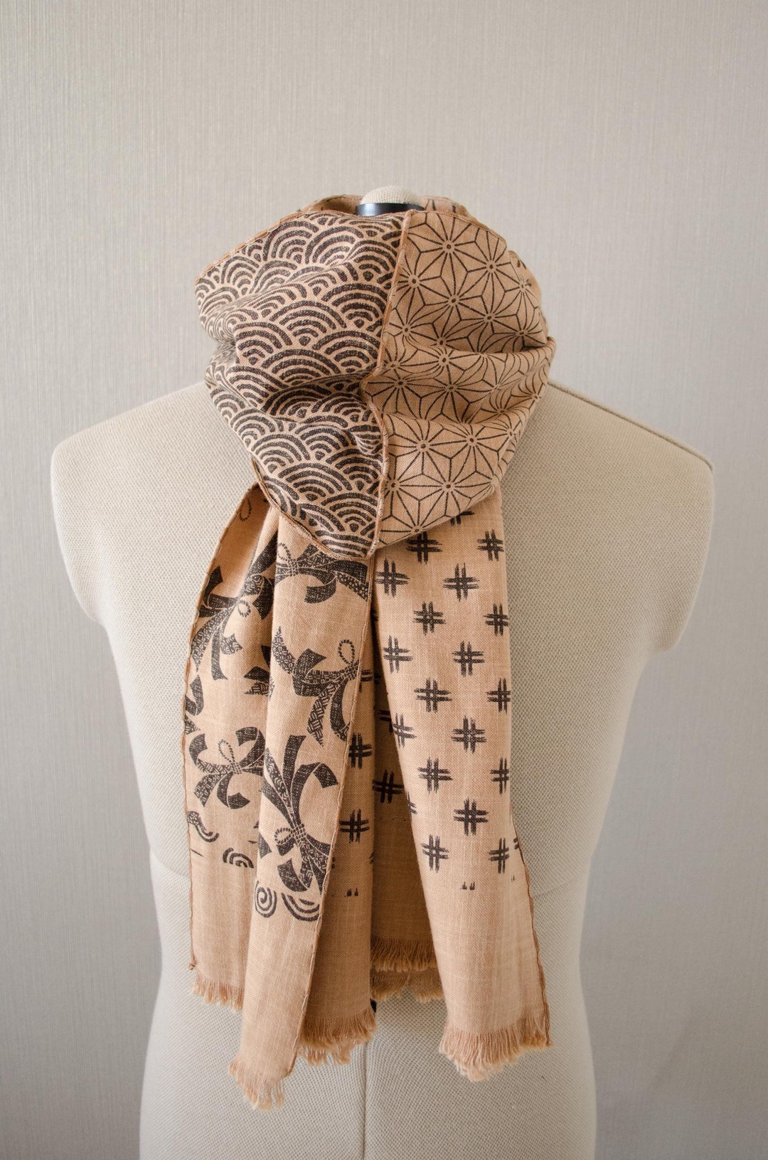 Japanese Traditional Pattern Patchwork Scarf Beige Base With Brown ...