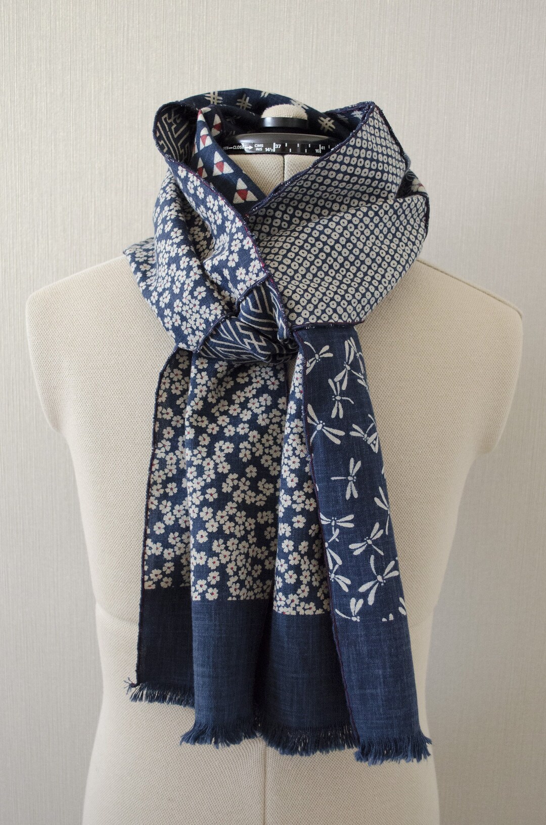 Japanese Traditional Pattern Patchwork Scarf Dark Blue/navy Base With ...