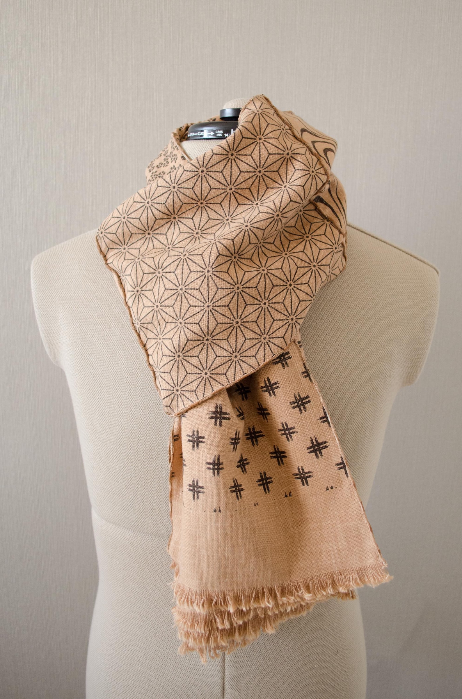Japanese Traditional Pattern Patchwork Scarf Beige Base With Brown ...