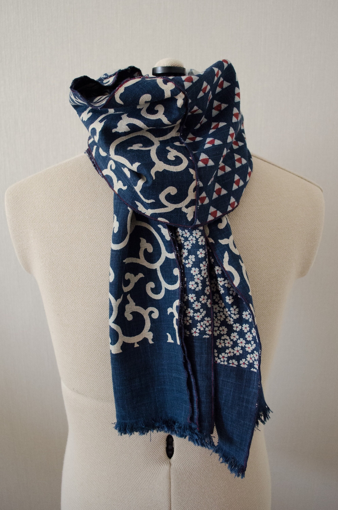 Japanese Traditional Pattern Patchwork Scarf Dark Blue/navy Base With ...
