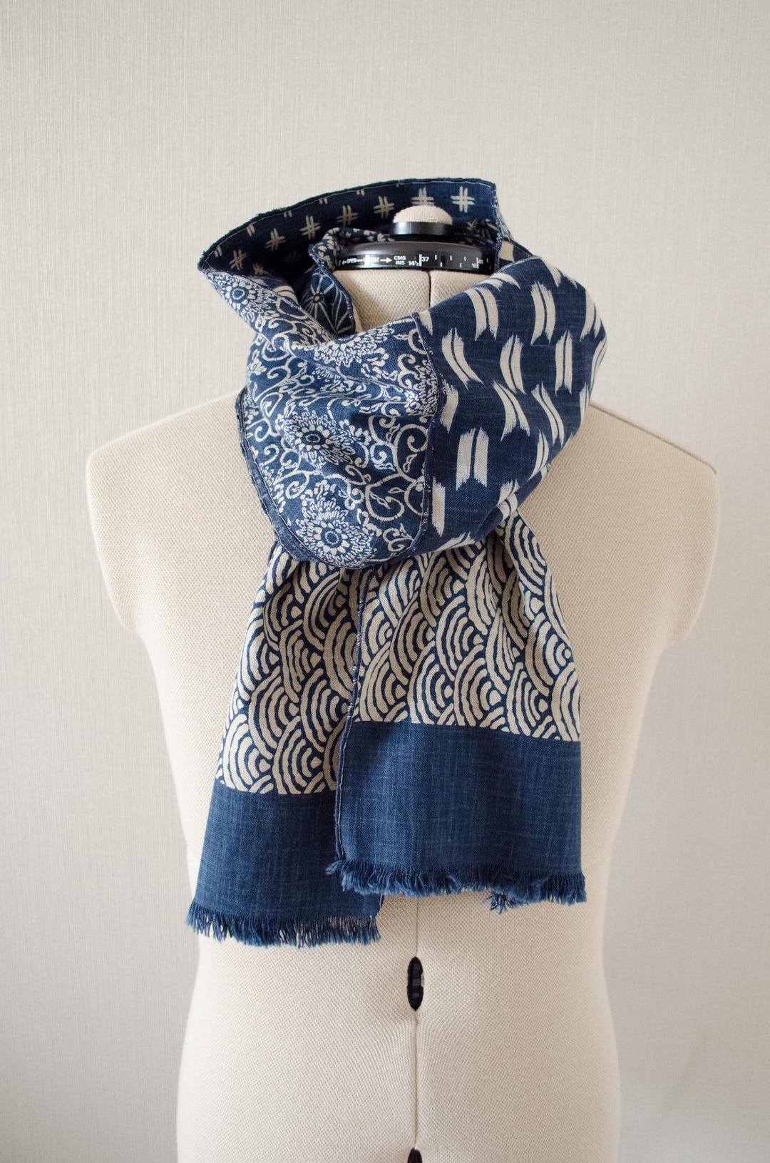 Japanese Traditional Pattern Patchwork Scarf Dark Blue/navy Base With ...