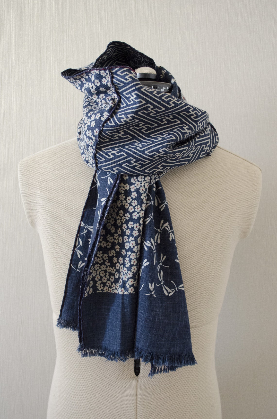 Japanese Traditional Pattern Patchwork Scarf Dark Blue/navy Base With ...