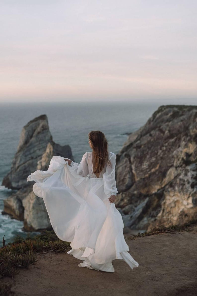 Boho Chiffon Wedding Dress, Open Back A-line Bridal Gown, Long Sheer ...