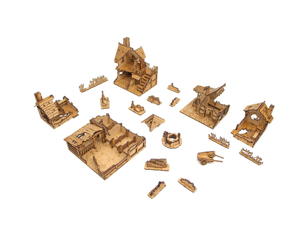 DND Terrain Set Fantasy Village Building Ruins, 28mm Scale Wooden ...