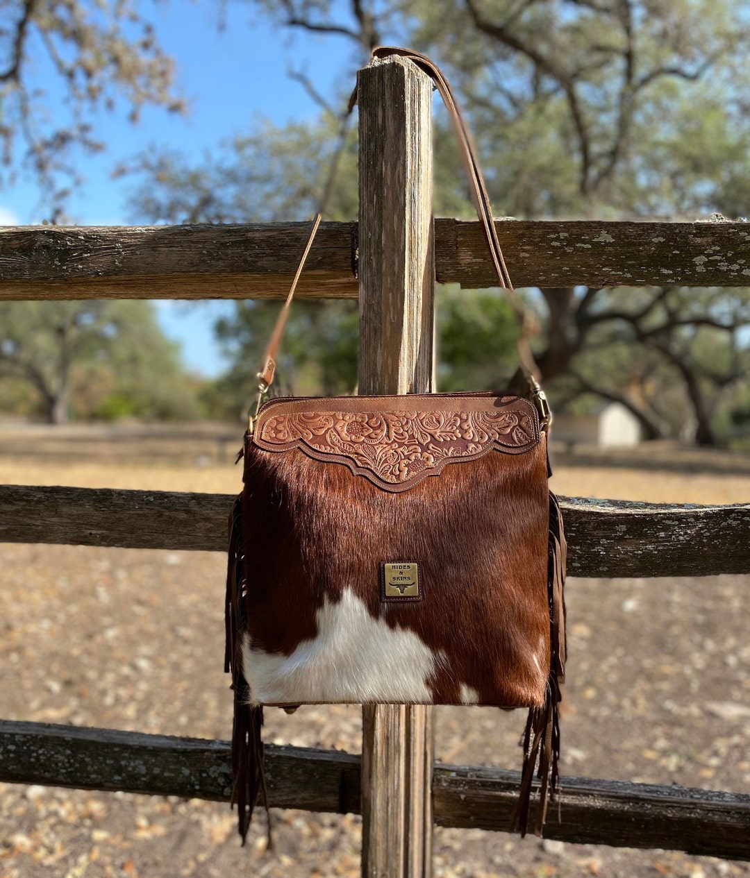 WILLOW Western Tool Leather Cowhide Fringe Crossbody Purse Tooled ...