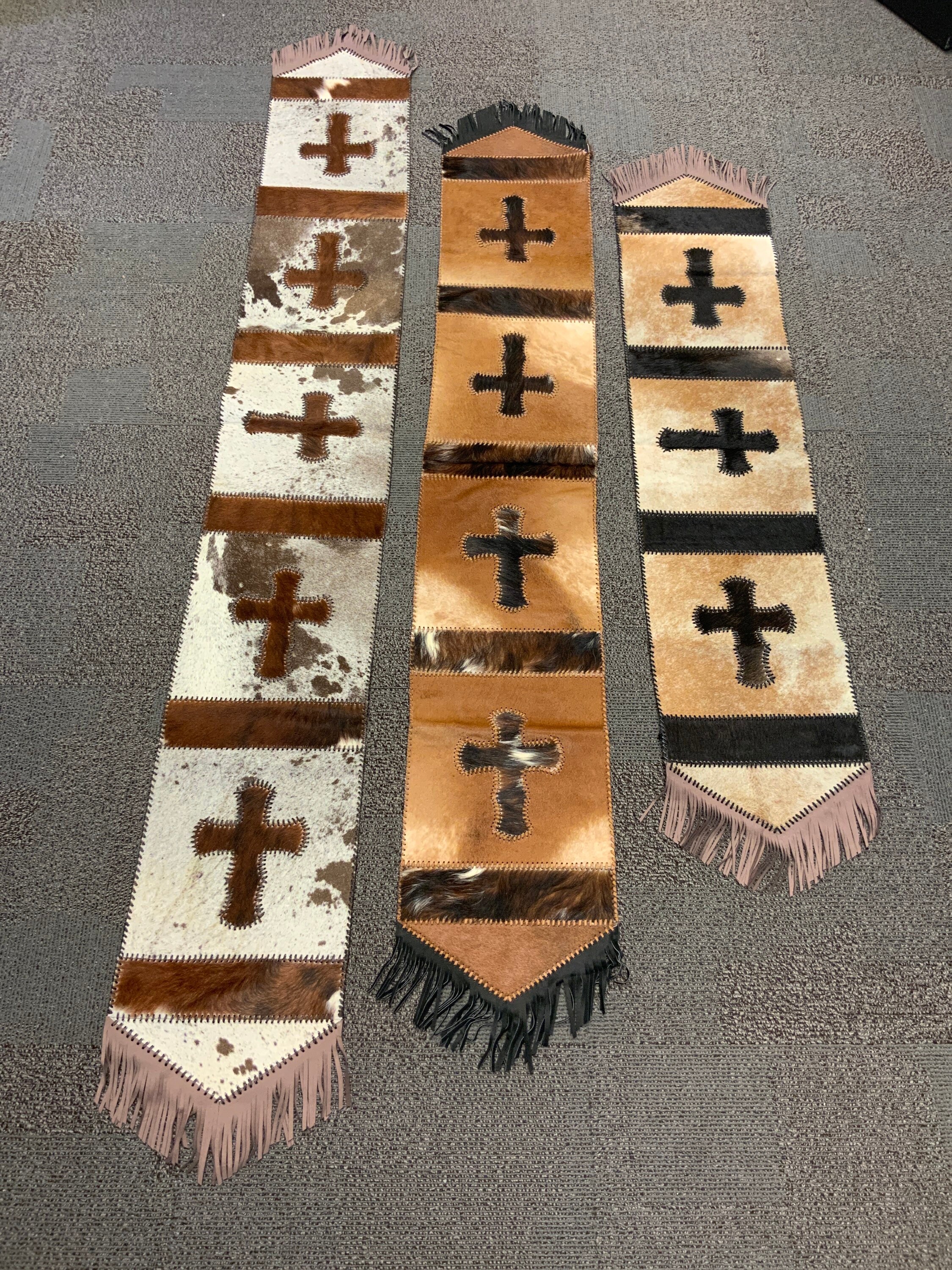 Cowhide Table Runner with Leather Fringe with Cross | FREE SHIPPING