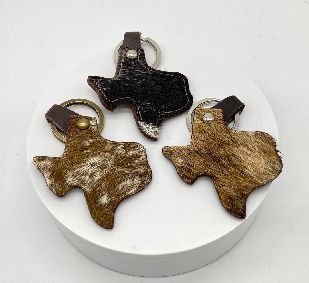Texas Key Chain, Real Cowhide and Leather Key Holder Ring, Hair on Hide ...