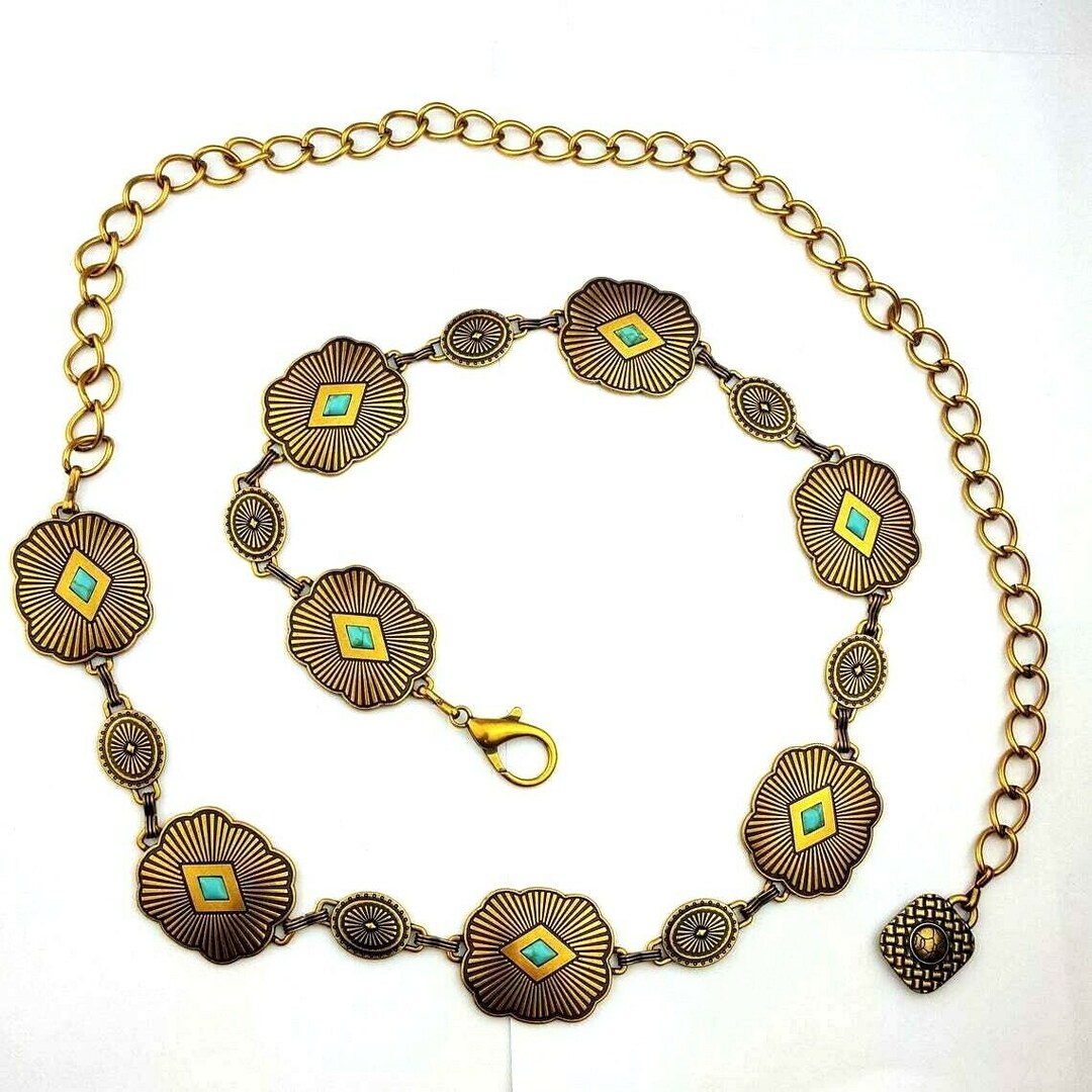 Western Turquoise Stone W. Big & Small Conchos Chain Belt - Etsy
