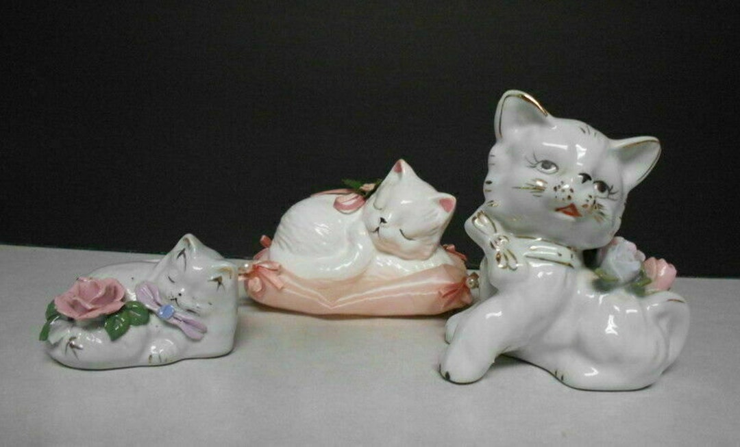 Ceramic & Porcelain Kitty Cat Figurines 3 Piece Set - Etsy