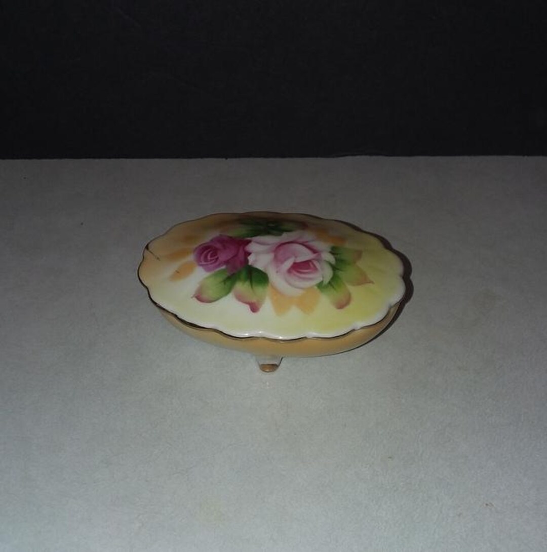 Lefton Rose Covered Trinket Dish 5206 Japan Hand Painted 3 Footed ...
