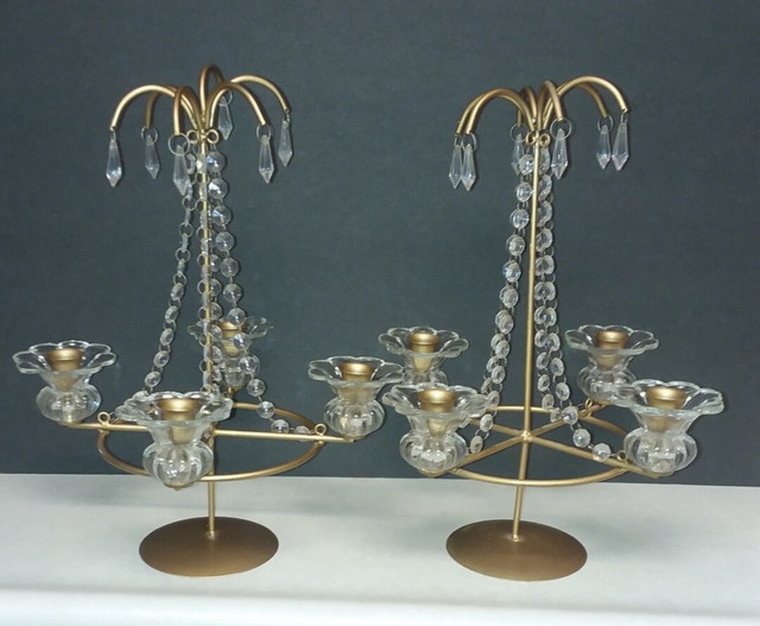 Vintage Prisms & Gold Metal Candelabra Glass Chandelier 4 Candle Holder ...