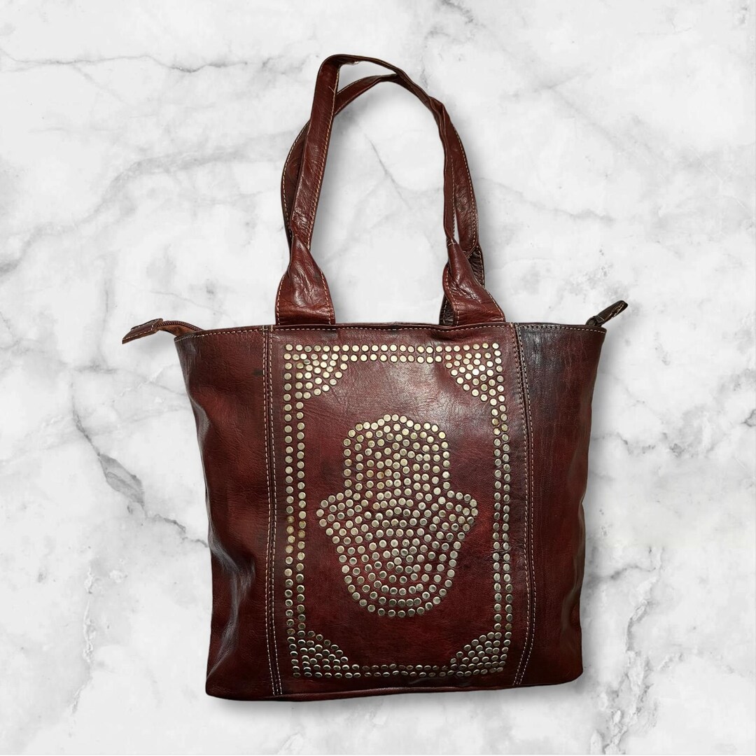 Vintage Hamsa Leather Shoulder Bag, Moroccan Boho Studded Tote - Etsy