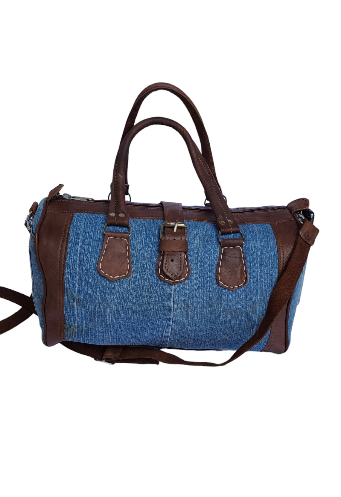 Great Faded Jeans & Leather Bag Vintage Boho Handbag Used Jeans ...