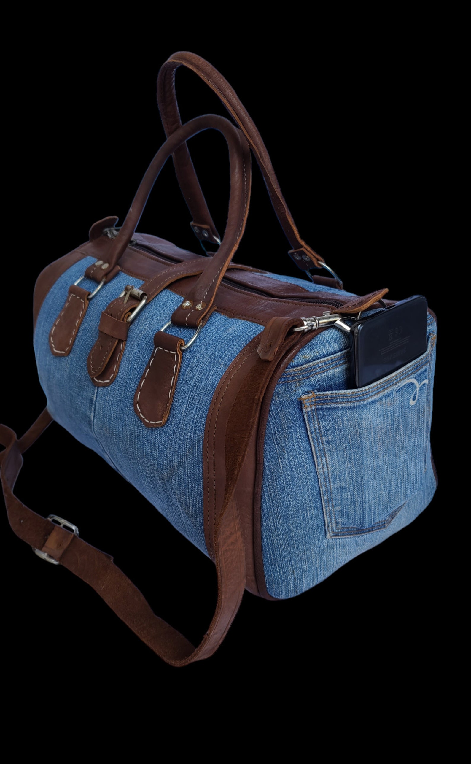 Great Faded Jeans & Leather Bag Vintage Boho Handbag Used Jeans ...