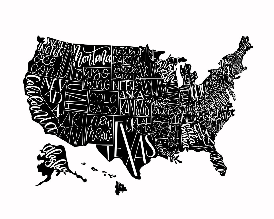 Digital Download USA Map - Printable, Hand Lettered, United States of ...