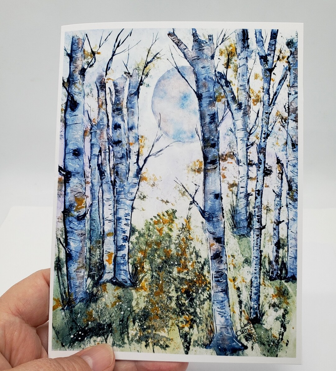 Watercolor Moon Art Card Set: Birch Tree & Stars - Etsy