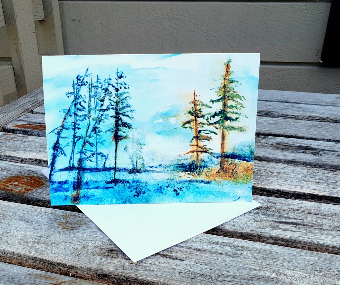 Watercolor Pine Tree Art Card: Forest Landscape Greeting Card (5x7) or ...