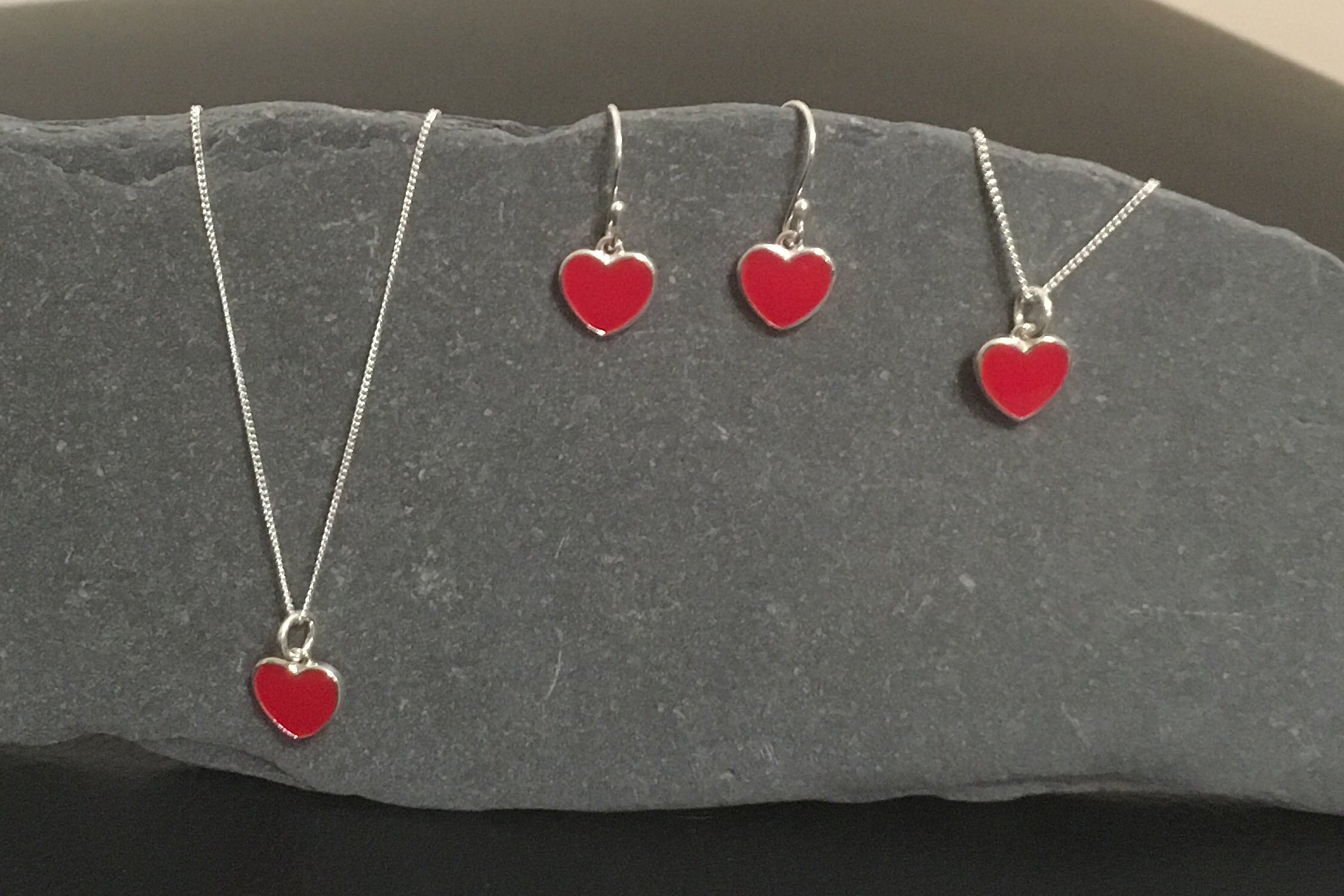 Sterling Silver Red Enamel Heart Necklace, Bracelet and Earring Set ...
