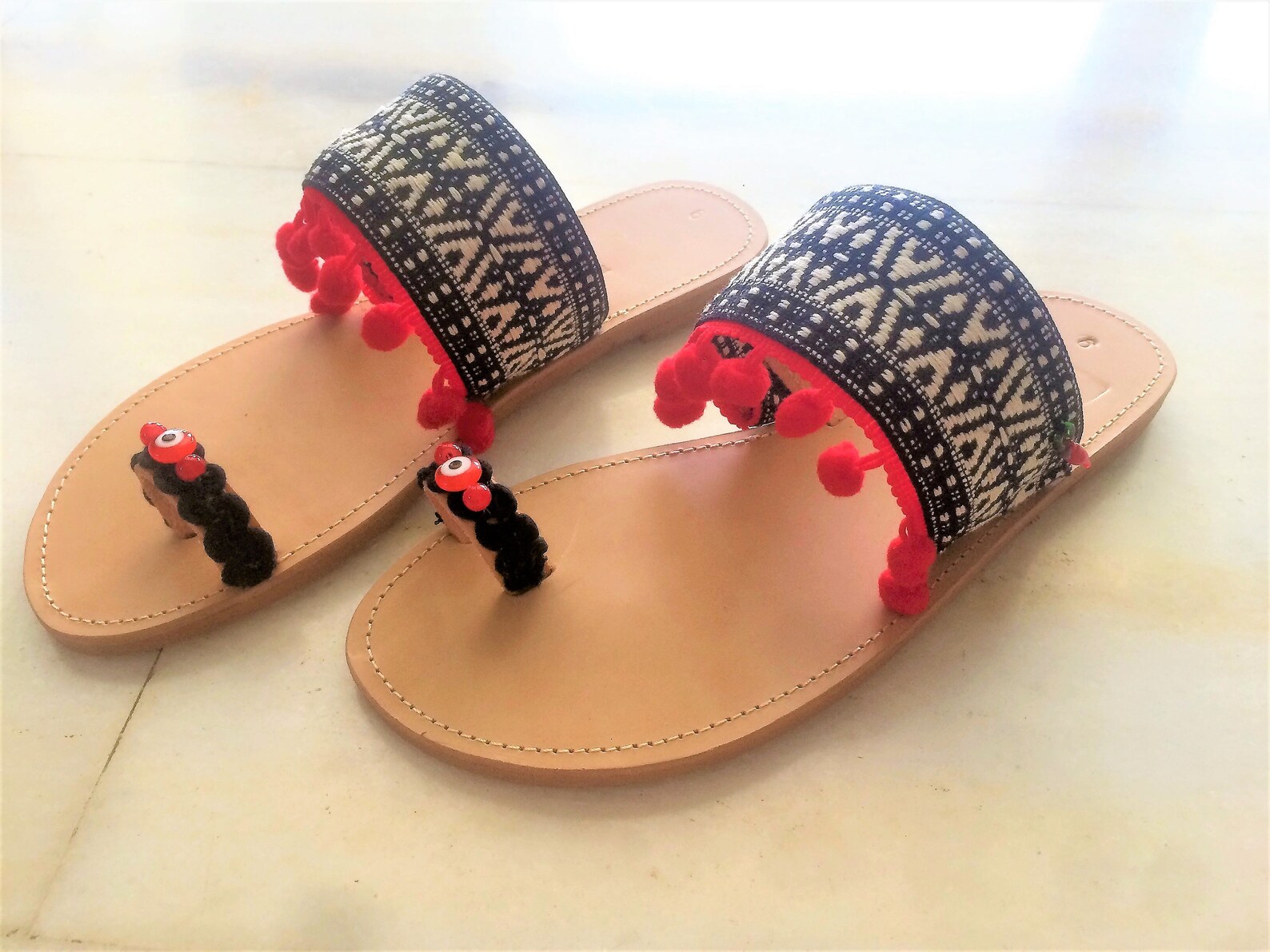 Black and White Boho Sandals Pom Pom Sandals Boho Chic | Etsy