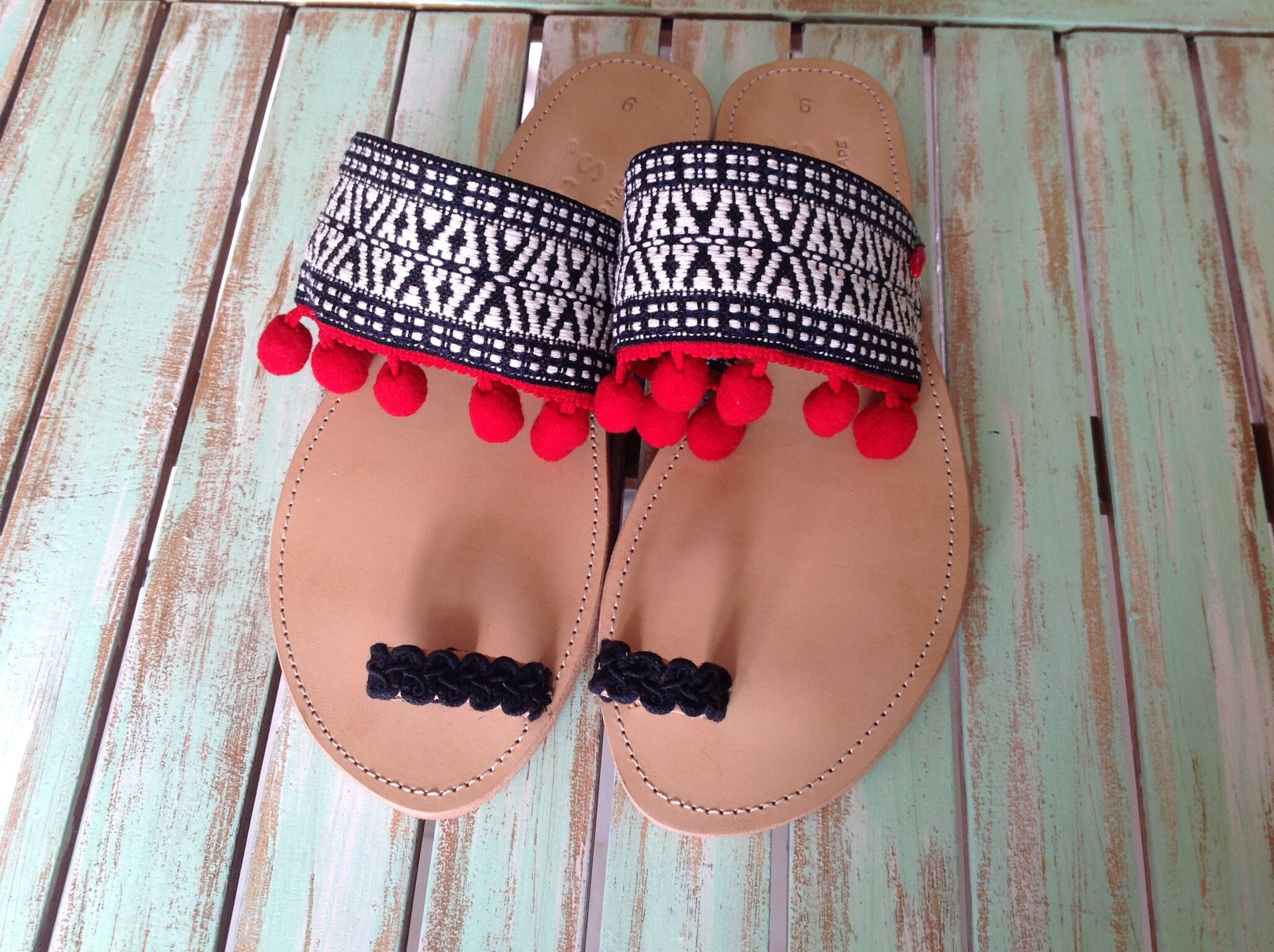 Black and White Boho Sandals Pom Pom Sandals Boho Chic | Etsy