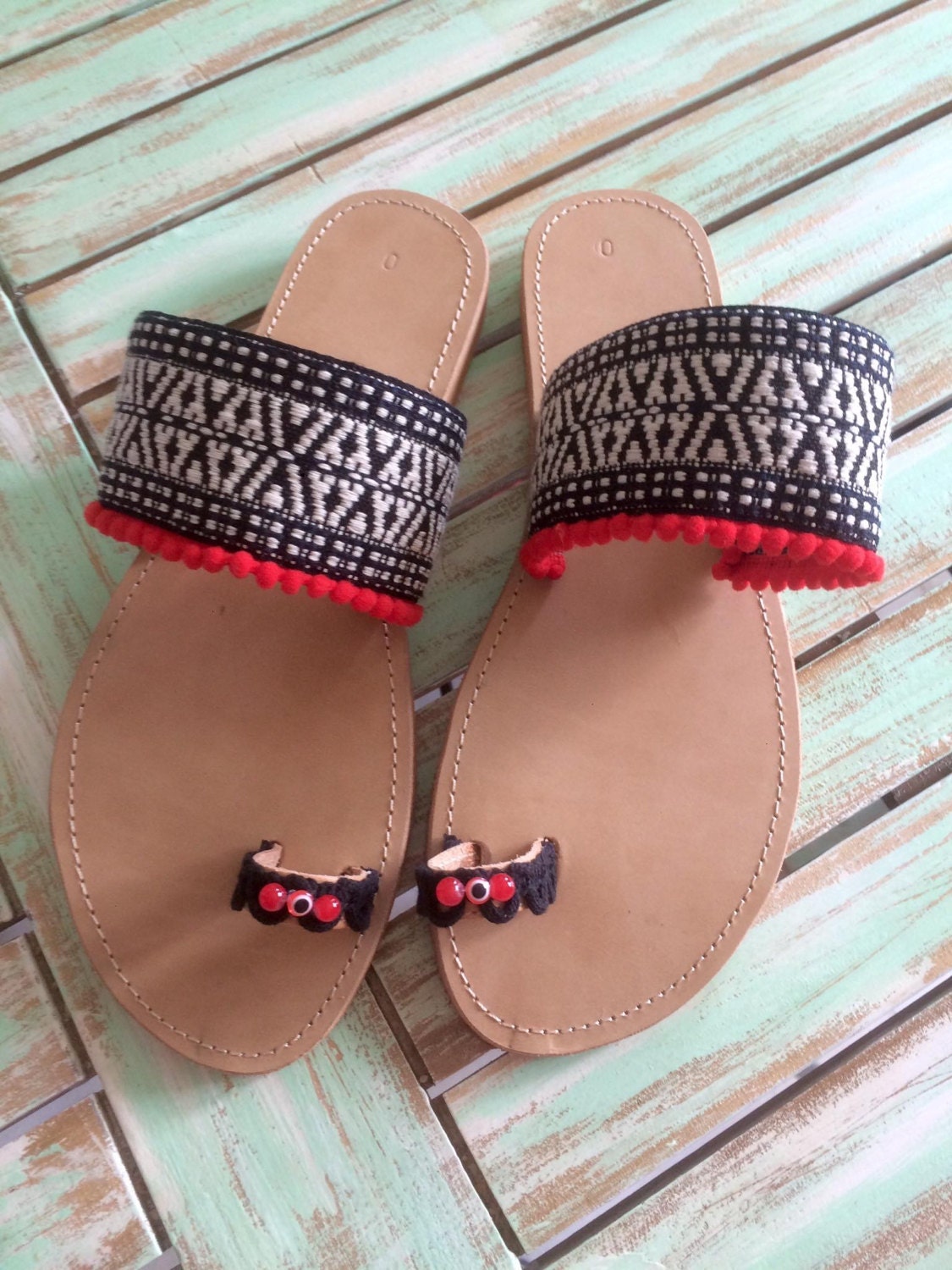 Black and White Boho Sandals Pom Pom Sandals Boho Chic | Etsy