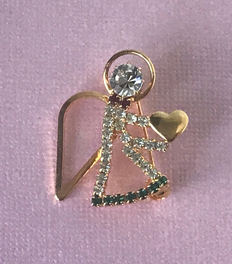 Vintage Rhinestone Angel Pin With Heart, Rhinestone Angel Brooch ...