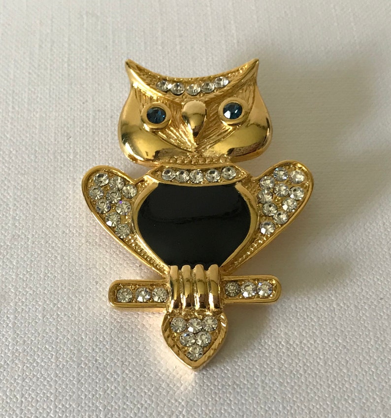 Vintage Rhinestone Owl Pin Owl Brooch Gold and Black Owl | Etsy