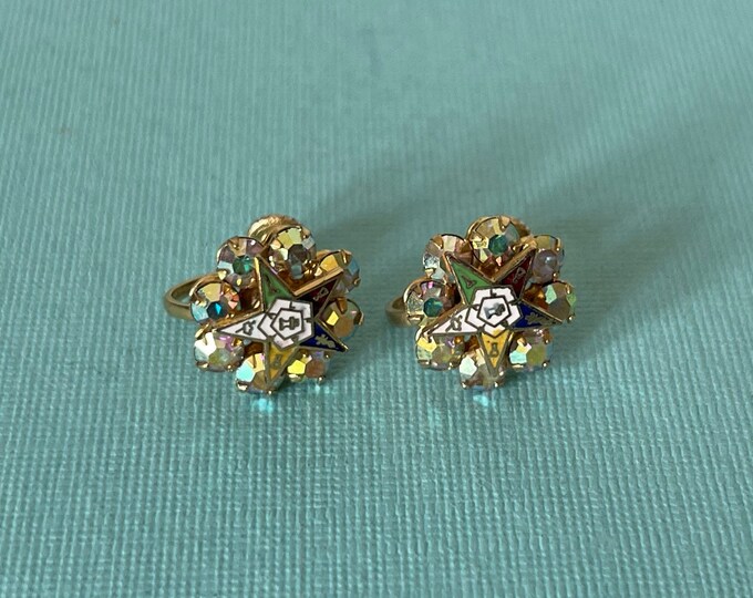 Vintage Order of the Eastern Star Earrings, Aurora Borealis Rhinestone ...