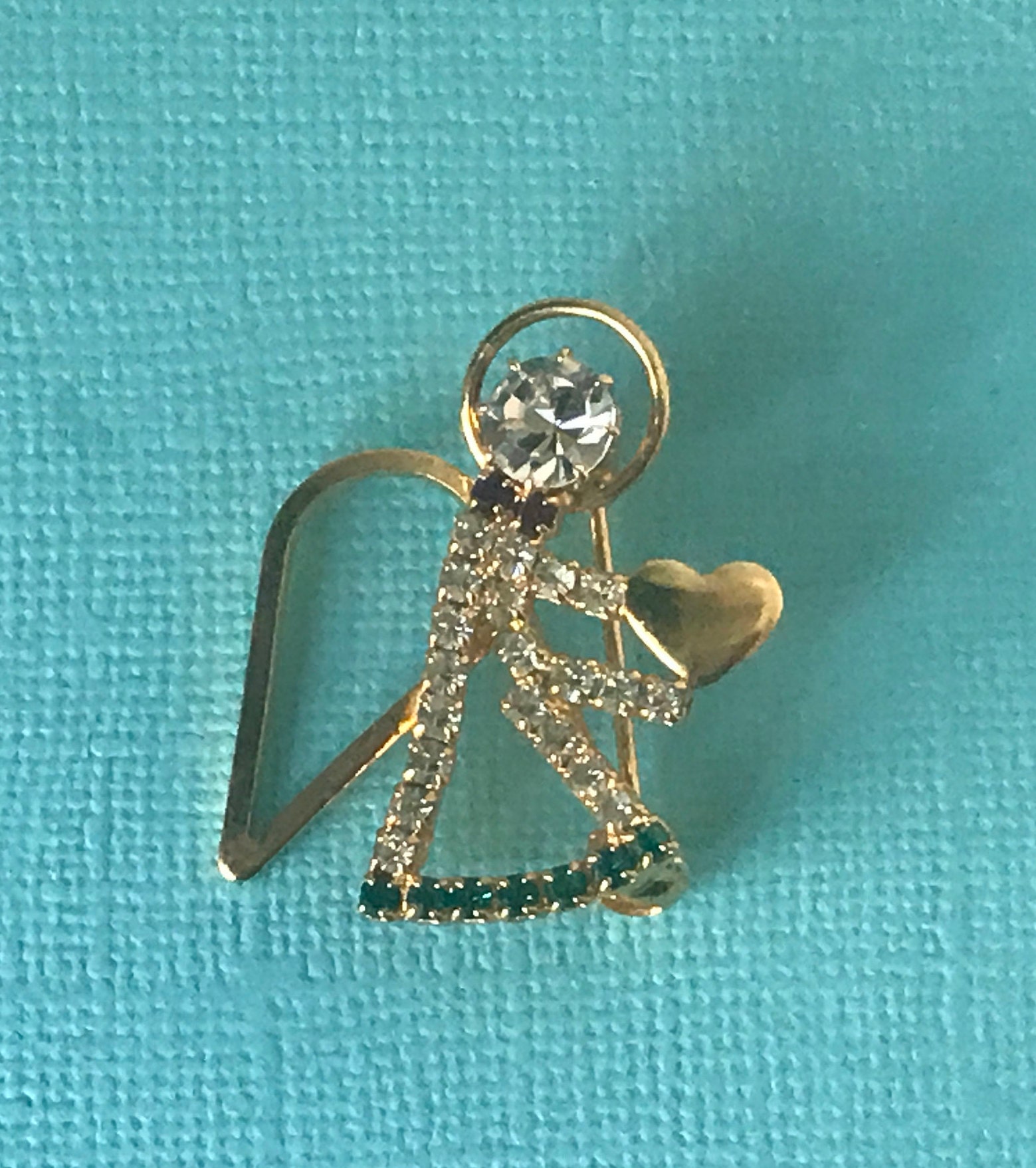 Vintage Rhinestone Angel Pin With Heart, Rhinestone Angel Brooch ...
