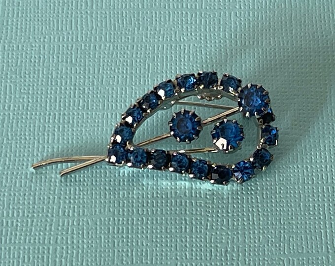 Vintage Blue Rhinestone Flower Pin, Blue Leaf Brooch, High End Flower ...