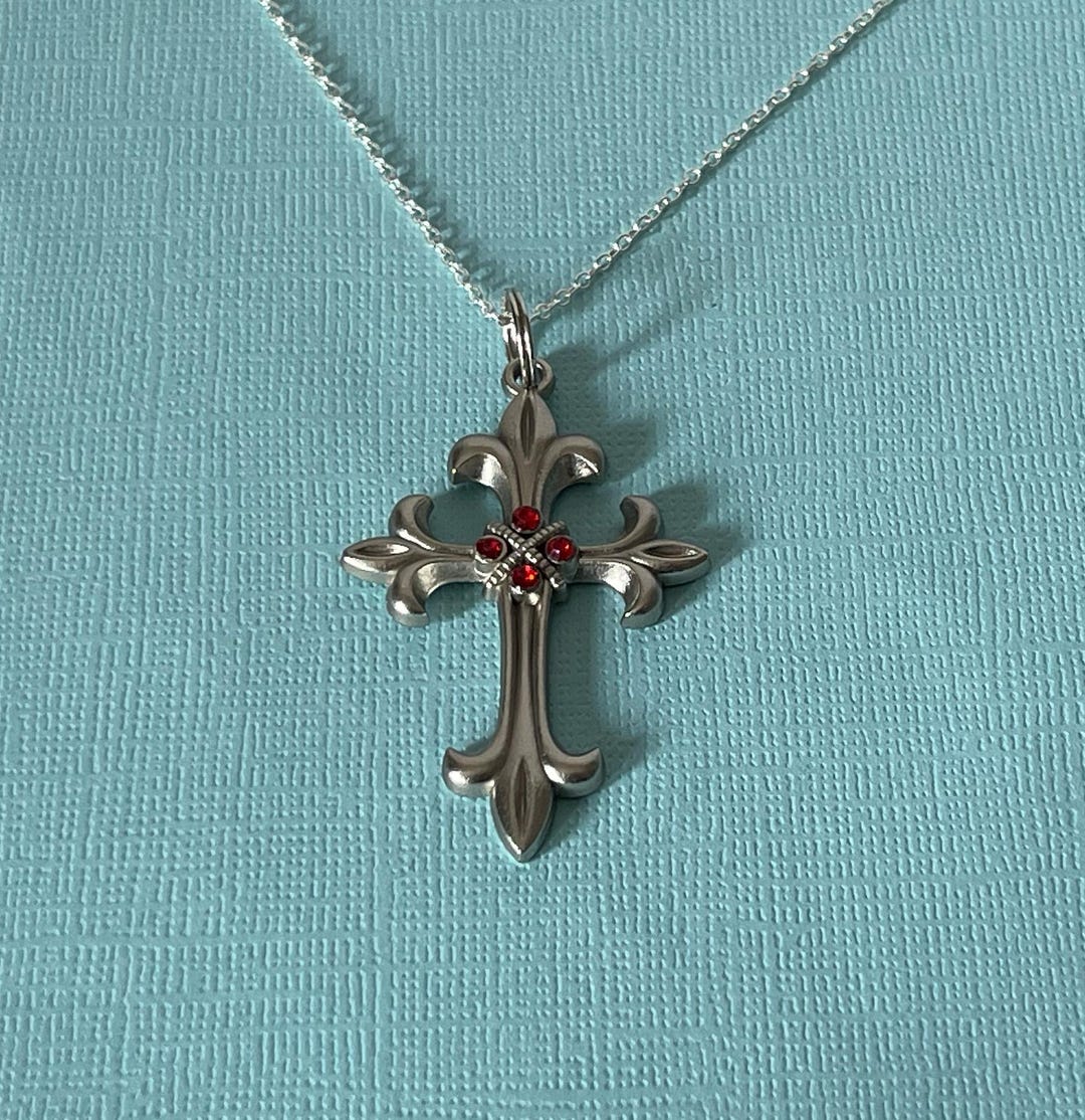 Vintage Cross Necklace, Red Cross Necklace, Rhinestone Cross Necklace ...