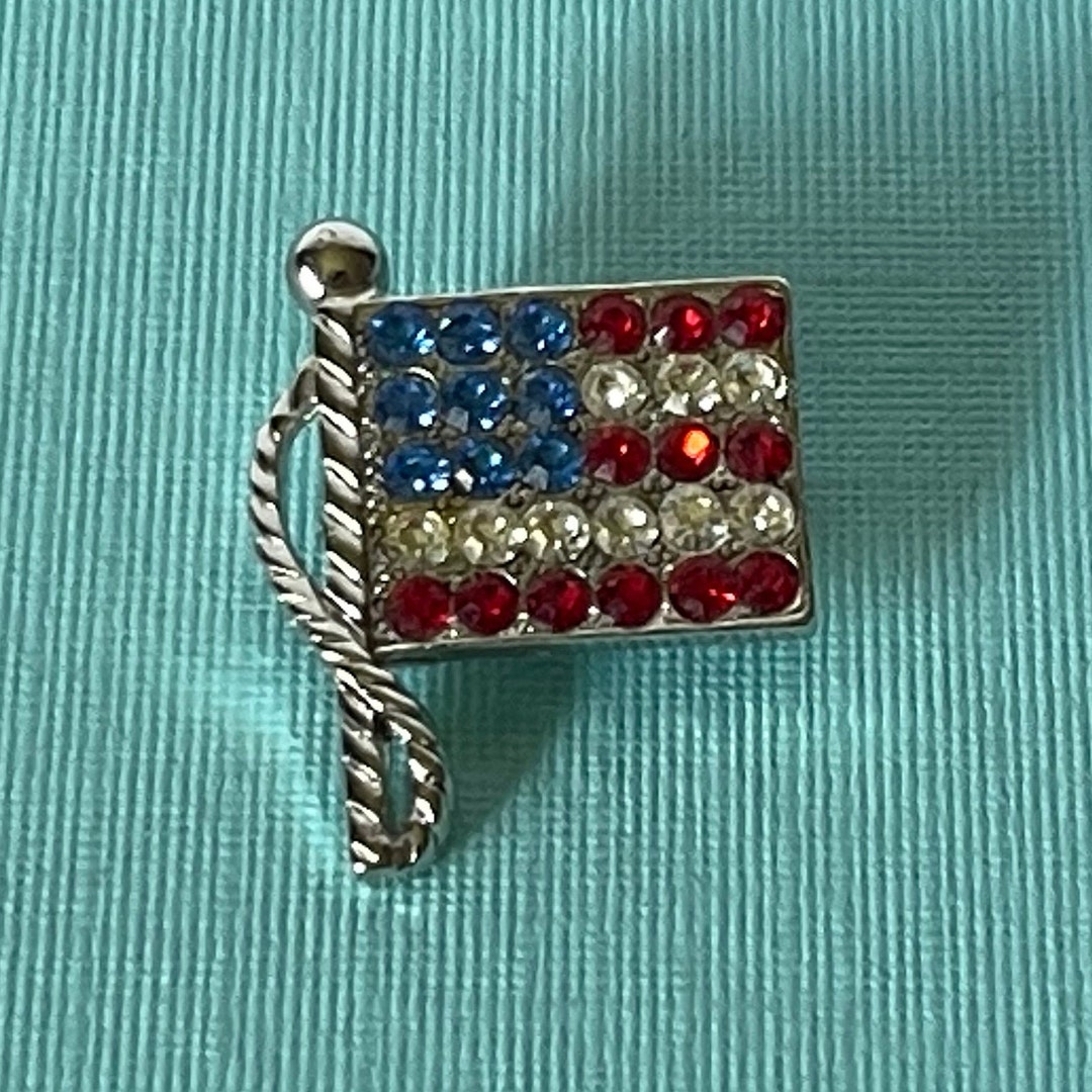 Vintage Flag Brooch, American Flag Pin, Rhinestone USA Flag Pin ...