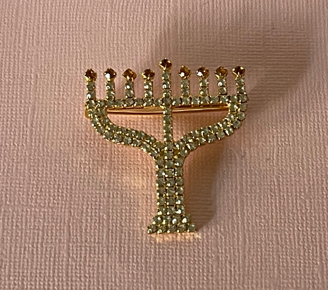 Vintage Rhinestone Menorah Pin, Jewish Pin, Rhinestone Menorah Brooch ...