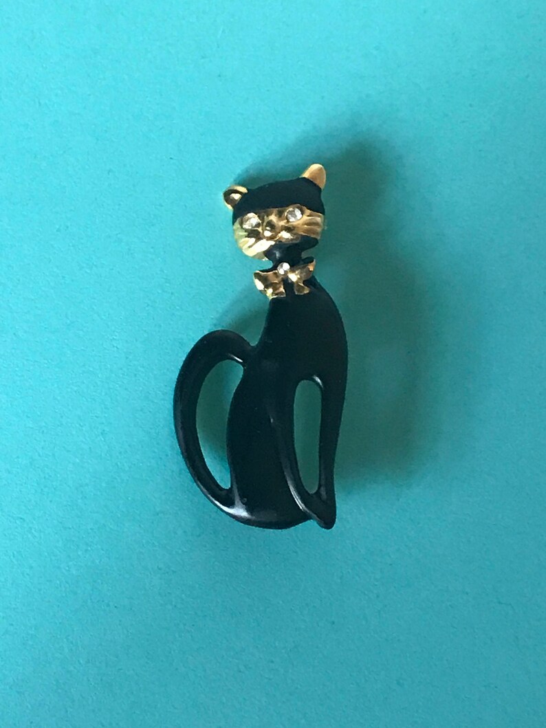 Vintage Black Cat Pin Black Cat Brooch Rhinestone Eyes Etsy