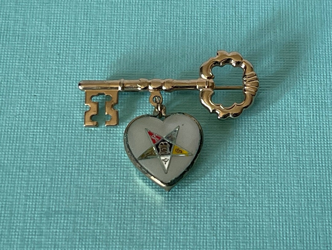 Vintage Order of the Eastern Star Heart Brooch, OES Key Brooch, Eastern ...