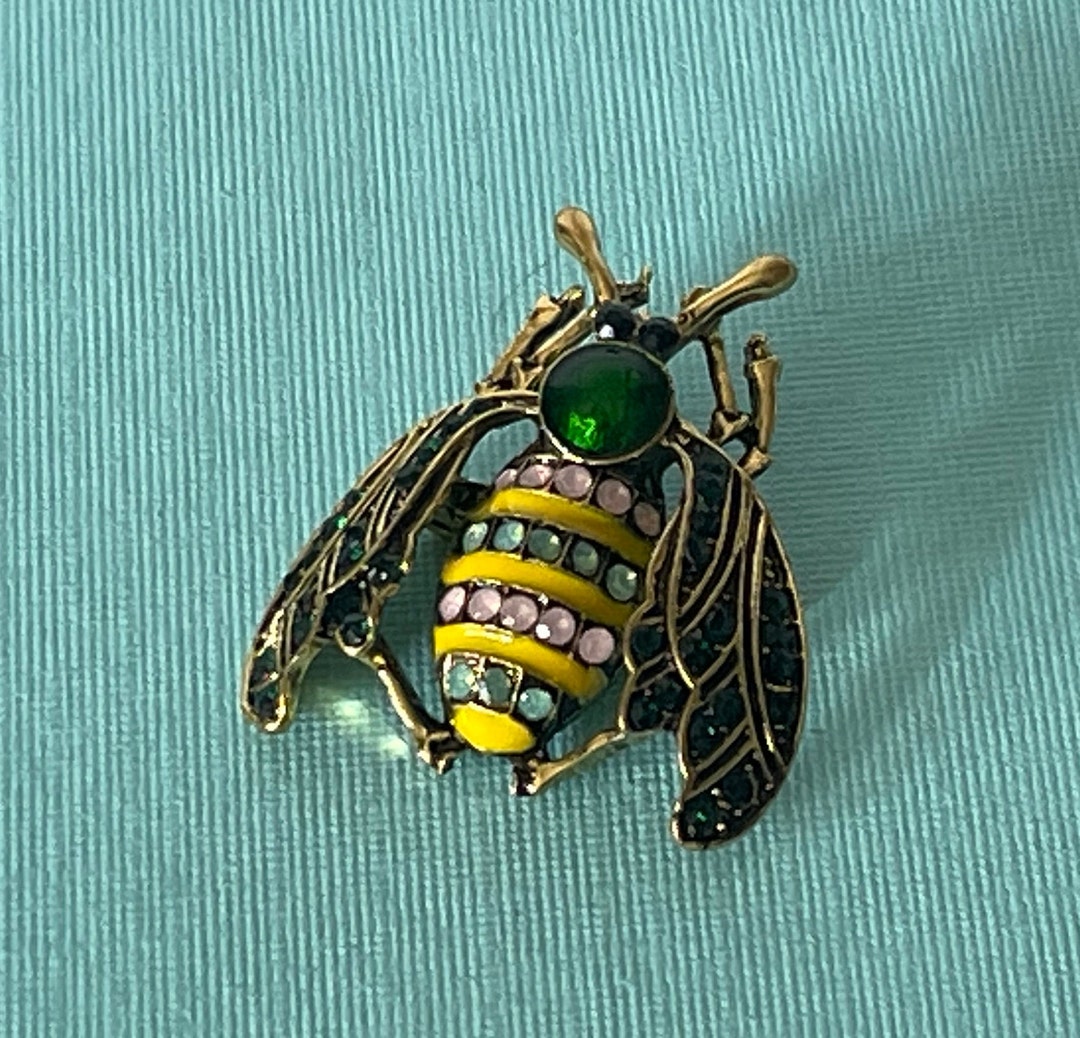 Green Rhinestone and Yellow Bumble Bee Brooch, Yellow Jacket Pin, Wasp ...