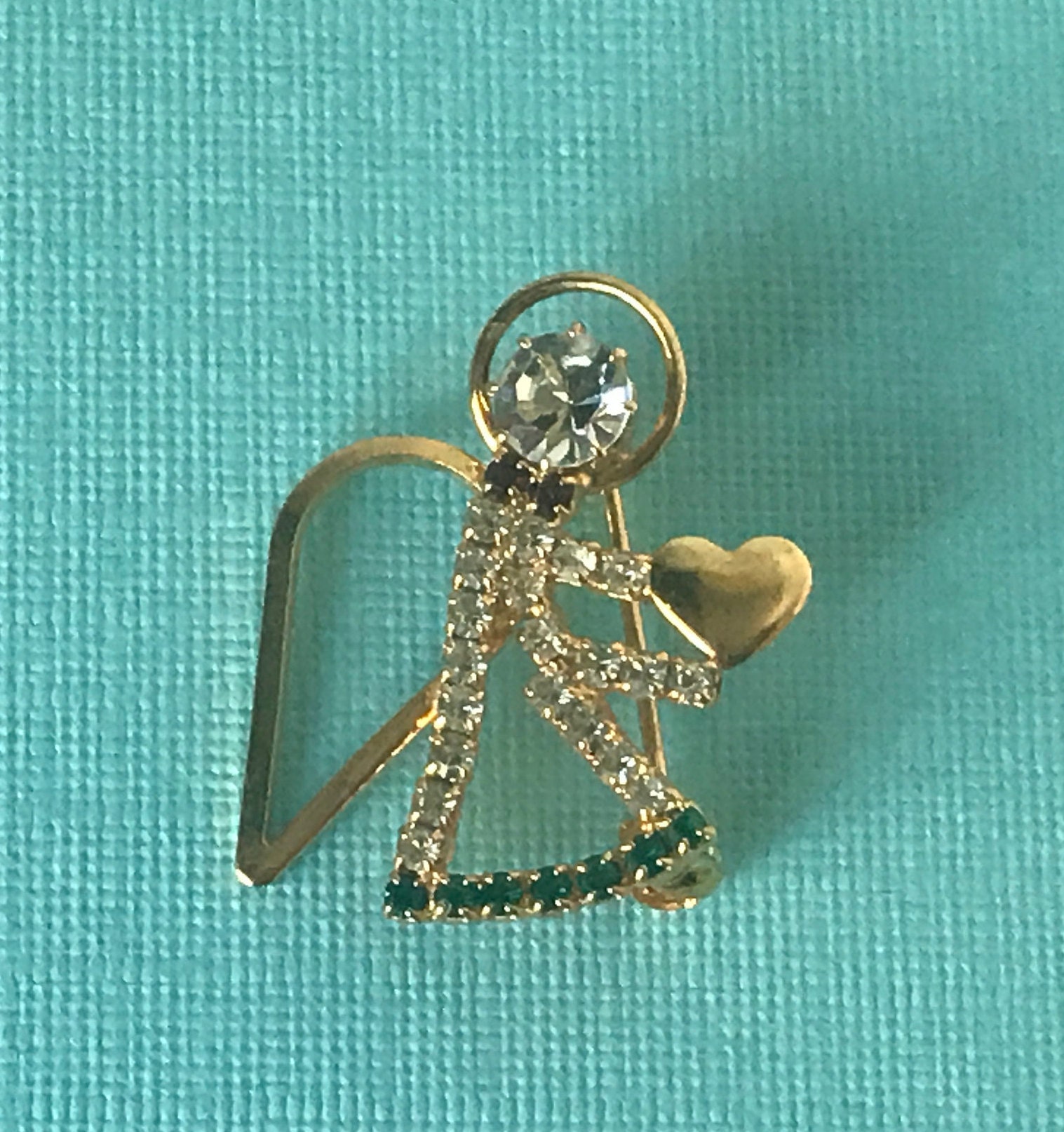 Vintage Rhinestone Angel Pin With Heart, Rhinestone Angel Brooch ...
