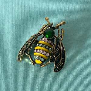 Green Rhinestone and Yellow Bumble Bee Brooch, Yellow Jacket Pin, Wasp ...