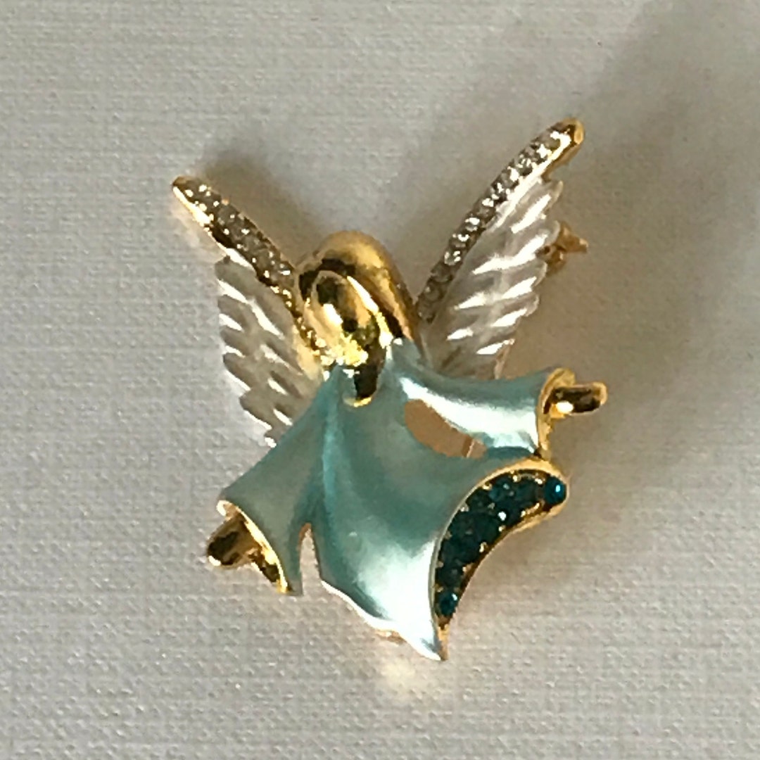 Vintage Rhinestone Angel Brooch, Blue Angel Pin, Guardian Angel Pin ...