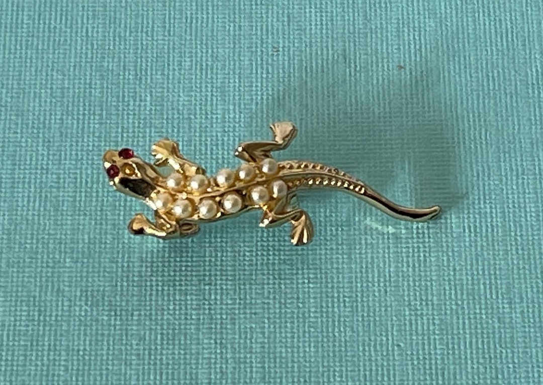 Vintage Faux Pearl Lizard Pin, Gecko Pin, Lizard Brooch, Gold Lizard ...